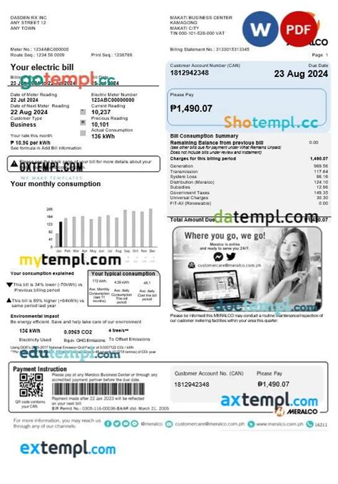 Philippines Meralco Business Utility Bill Word And Pdf Template