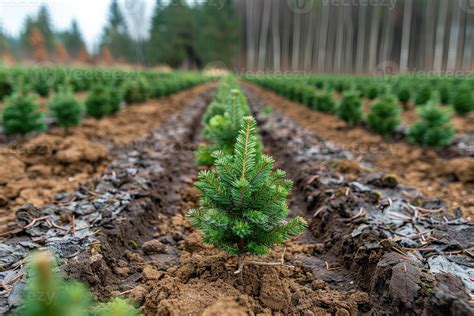 A Single Coniferous Sapling In A Row Of Young Trees 50904394 Stock