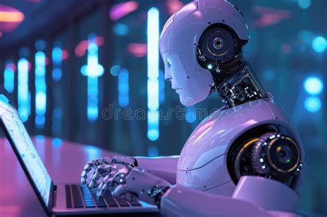 Ai Robot Working At Office By Using Computer Laptop And Typing Keyboard Communication Network