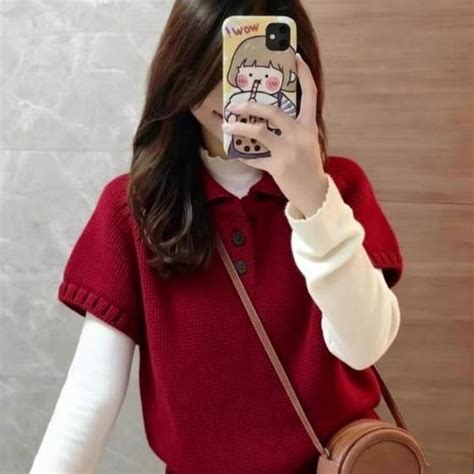 法式甜美风翻领毛衣女秋季时尚叠穿马甲背心打底t恤上衣两件套装