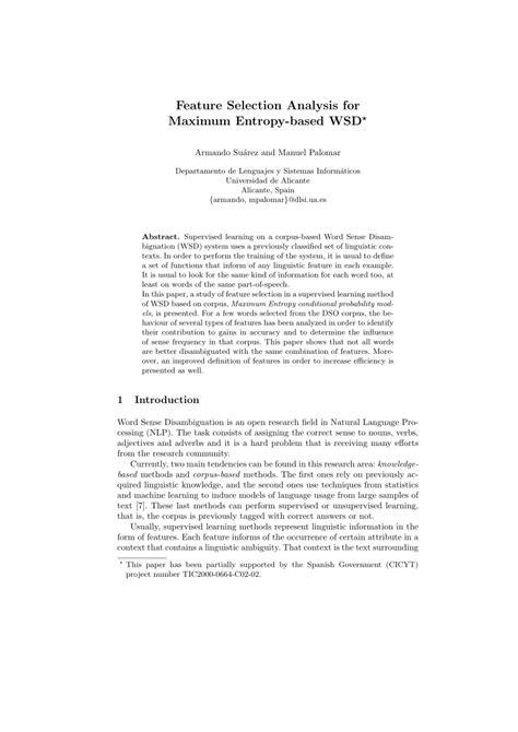 Pdf Feature Selection Analysis For Maximum Entropy Based Wsd