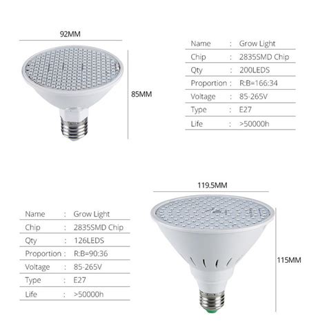 Пълен спектър 60 126 200 Led крушки за отглеждане E27 лампа за отглеждане червен син светодиод