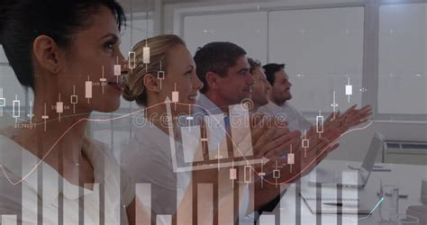 Statistical Data Processing Over Group Of Diverse Businesspeople Clapping In Meeting Room At