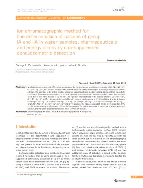 Pdf Ion Chromatographic Method For The Determination Of Cations Of