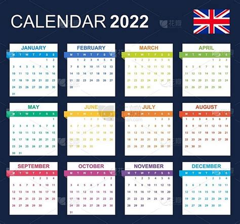 2022年英文日历。调度程序，议程或日记模板。一周从星期一开始