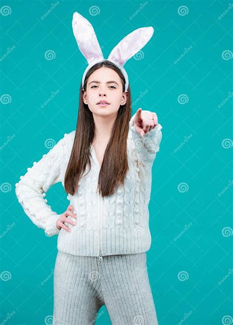 Model Dressed In Costume Easter Bunny Bunny Girl Celebrating Easter On Isolated Background
