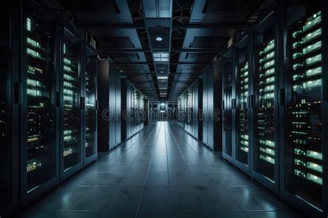 Storage Data Center With Rows Of Server Racks Each One Filled With Powerful Servers Stock
