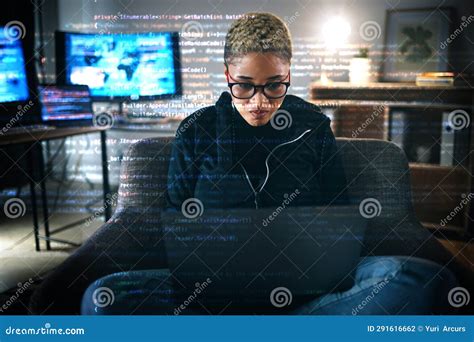 Serious Woman Code Overlay And Laptop Typing With Cybersecurity