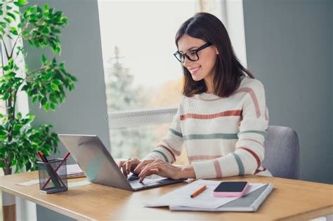 Portrait Of Successful Pretty Positive Lady Sit Chair Use Wireless