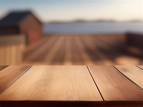 Tablero de madera mesa vacía delante de fondo borroso Foto Premium