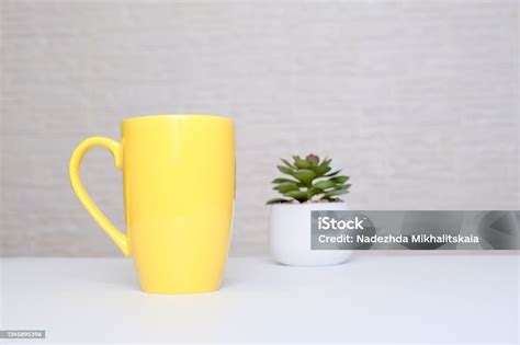 큰 노란색 세라믹 머그잔 복사 공간 사무실 Coffe 브레이크 개념으로 가벼운 벽돌 벽에 화분에 심은 식물이있는 흰색 테이블에 미국 커피 한 잔 0명에 대한 스톡 사진 및