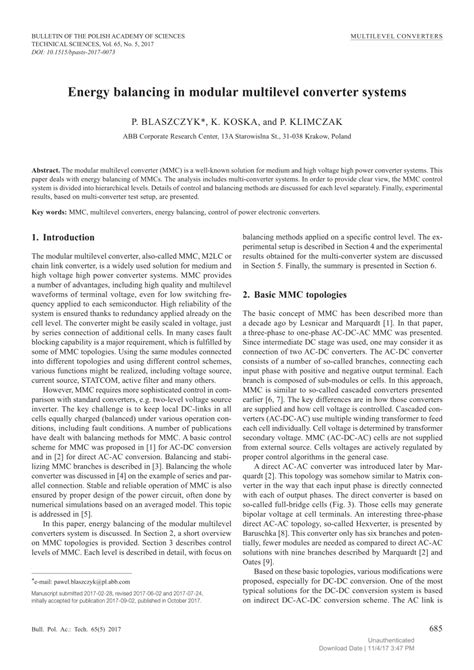 Pdf Energy Balancing In Modular Multilevel Converter Systems