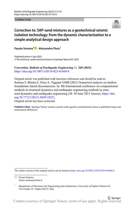 Correction To Sap Sand Mixtures As A Geotechnical Seismic Isolation Technology From The