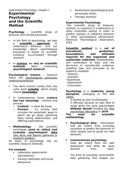 Chapter 1 Experimental Psychology And Scientific Method Lecture Notes