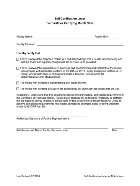Fillable Online Self Certification Letter For Facilities Certifying