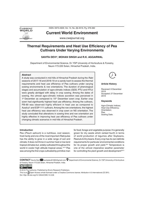 Pdf Thermal Requirements And Heat Use Efficiency Of Pea Cultivars Under Varying Environments