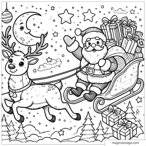 Coloriage Père Noël volant avec son traîneau à imprimer