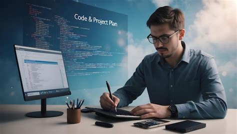 Creative Photo Developer Writing Code And Reviewing Project Plan On
