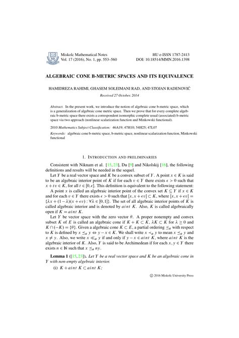 Pdf Algebraic Cone B Metric Spaces And Its Equivalence