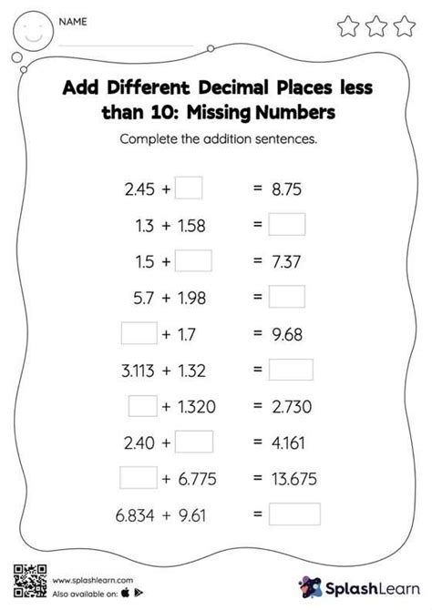 Add Different Decimal Places Less Than 10 Missing Numbers Worksheet