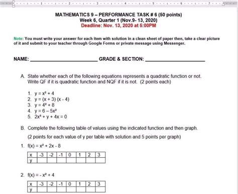Solved 4 1 Mathematics 9 Performance Task 6 50