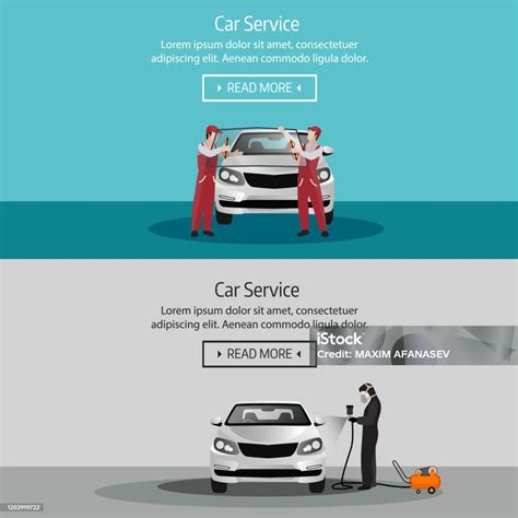 장면이있는 평평한 수평 배너는 자동차 서비스 타이어 서비스 및 자동차 수리 벡터 일러스트레이션에서 근로자를 제공합니다 고급에 대한 스톡 벡터 아트 및 기타 이미지 Istock