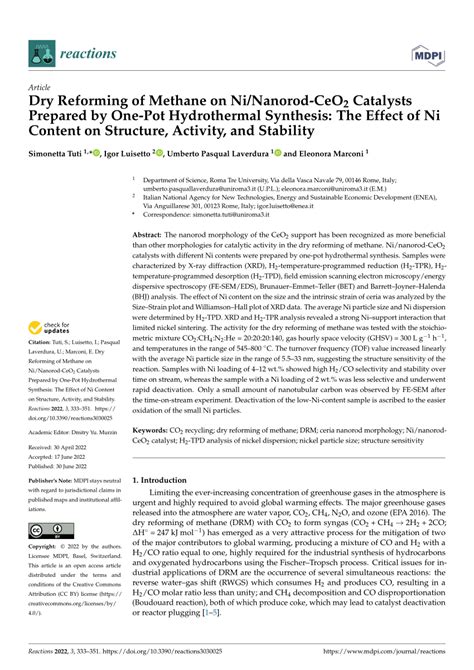 Pdf Dry Reforming Of Methane On Ni Nanorod Ceo2 Catalysts Prepared By