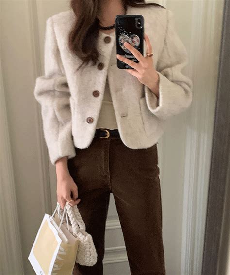 [파격세일 한정수량 ]하객룩 U넥 트위드 버튼 노카라 크롭 자켓 에이블리