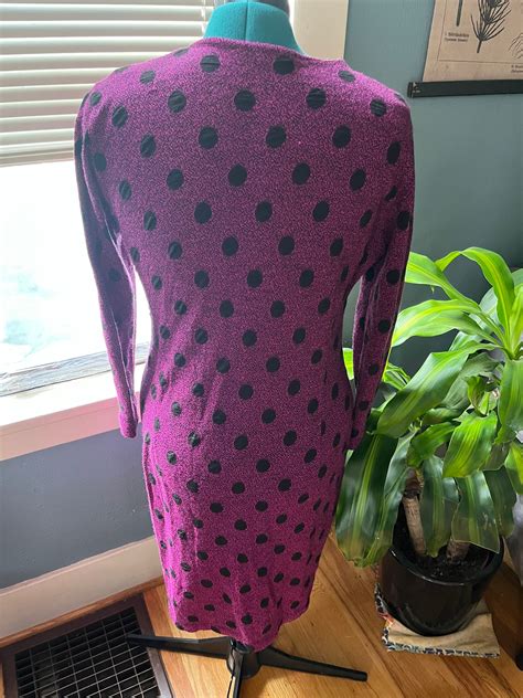 80s Adrienne Vittadini Purple Black Polka Dot Button Up L S Sweater