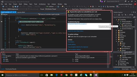 C Erro De Excess O Ao Autenticar Login Valores Nulos