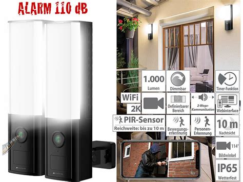 VisorTech 2er Set LED Außenwandleuchte WLAN 2K Kamera PIR Nachtsicht