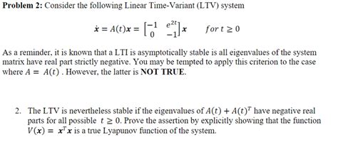 Solved Problem Consider The Following Linear Time Variant Chegg