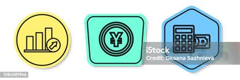 그래프 일정 차트 다이어그램 인포그래픽 파이 그래프 엔 기호가 있는 코인 머니 달러 기호계산기로 프레젠테이션 재무를 설정합니다 컬러 셰이프입니다 벡터 라인아트에 대한 스톡