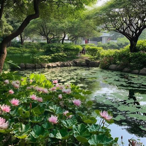 Premium AI Image A Pond With Water Lilies And A Tree In The Background