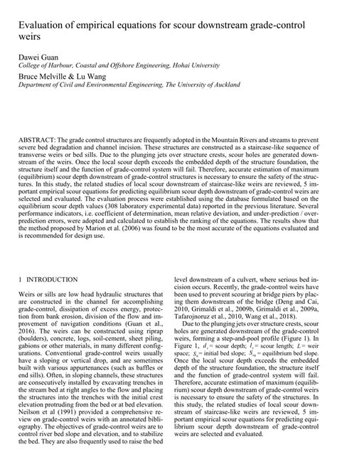 Pdf Evaluation Of Empirical Equations For Scour Downstream Grade Control Weirs
