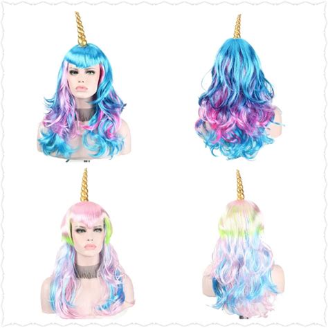 Unicorn Wigs For Women Long Wave Synthetic Gold Horns Curly Colorful