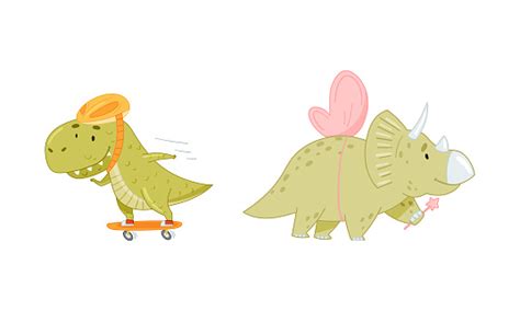 귀여운 아기 공룡 활동 세트 재미있는 디노 타기 스케이트 보드와 요정 의상 만화 벡터 일러스트 레이 션을 입고 걷는 공룡에 대한 스톡 벡터 아트 및 기타 이미지 Istock