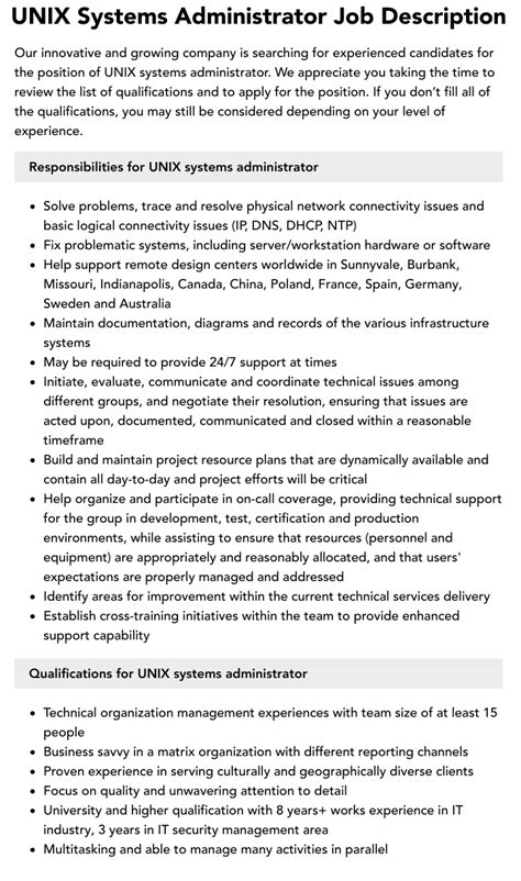 UNIX Systems Administrator Job Description Velvet Jobs
