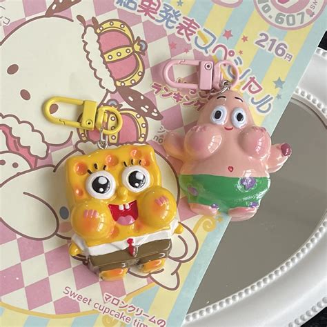 손으로 그린 귀여운 만화 스폰지 밥 패트릭 카와이 키 체인 펜던트 소녀 배낭 보석 친구 선물 Aliexpress