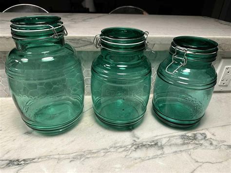 Best Vintage Cracker Barrel Green Glass Canisters Cookies Flour Sugar