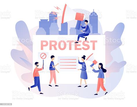 항의 와 사회 활동 개념 작은 사람들 시위대 배너 플래카드와 메가 폰을 들고 퍼레이드 정치 회의 또는 집회 현대 플랫 만화 스타일 벡터 일러스트레이션 Revolution에