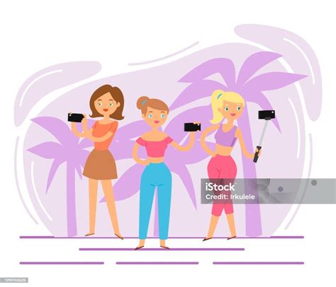 셀카 배너 플랫 벡터 일러스트 레이 션을 말하는 소녀 해변에서 여름 해변 휴가 개념 열대 휴가 사진을 위해 전화를 사용하는 태닝 된 여성 야자수 근처에 서있다 개념에 대한