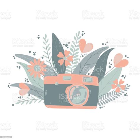 플랫 만화 스타일의 플렌저 귀여운 다채로운 디지털 사진 카메라 파스텔 색상의 플로럴 일러스트가 있는 벡터 핸드 그린 컴팩트