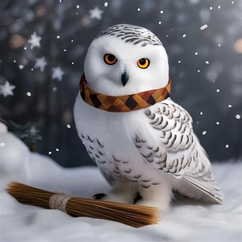 A Snowy Owl In A Harry Potter Themed Outfit Holding A Mini Broomstick2 Stock Illustration