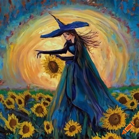 Impressionist Oil Painting Of A Witch Flying Over Sunflowers At Night