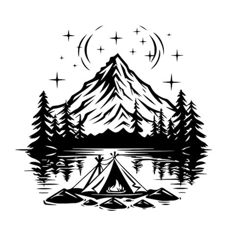 Minimalista Camping Linocut Ícono vectorial de alto contraste Diseño en blanco y negro Vector