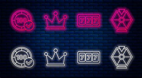 세트 라인 크라운 행운의 일곱 잭팟 카지노 칩과 럭키 휠 슬롯 머신 벽돌 벽에 빛나는 네온 아이콘입니다 벡터 가능성에 대한 스톡 벡터 아트 및 기타 이미지 Istock