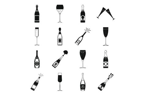Champagne Bottle Glass Icons Set Simple Graphic By Anatolir56