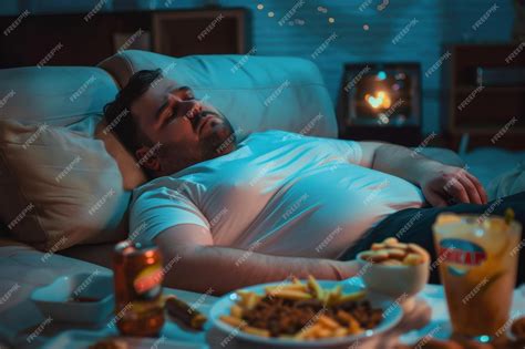 Lazy Overweight Man Napping On Sofa Overweight Guy Lying On Sofa With Junk Food In Front Of Him