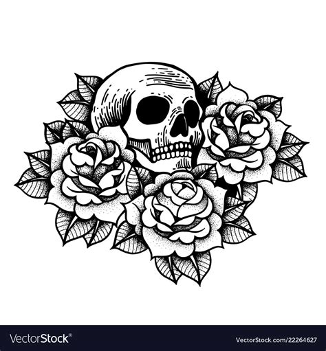 Rose Tattoo With Skull Roses Isolated Royalty Free Vector